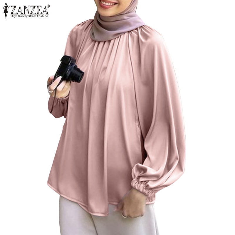 ZANZEA Women Muslim Daily Sleeve Rubber Band Raglan Sleeve Satin Casual ...