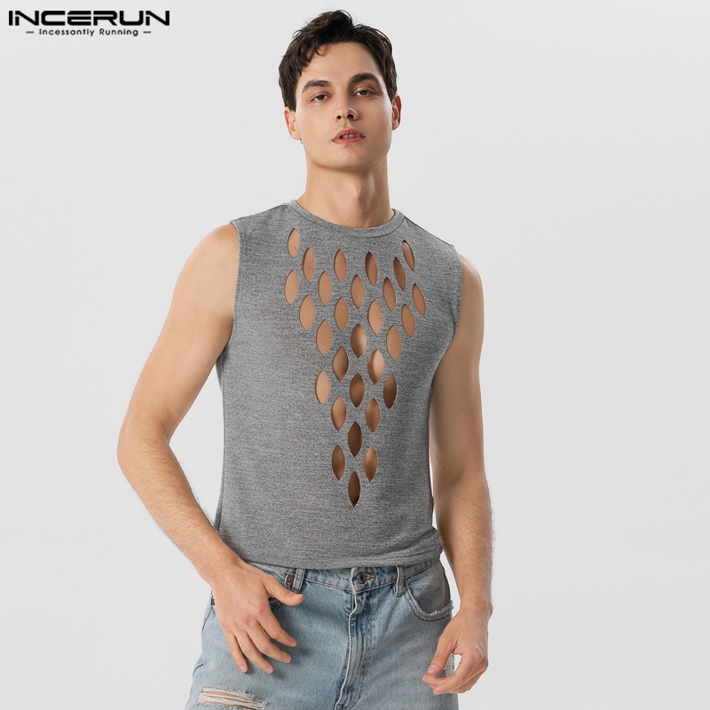 INCERUN Men's Fashion Burnt Flower Hollow Sleeveless Tank Top | Shopee ...
