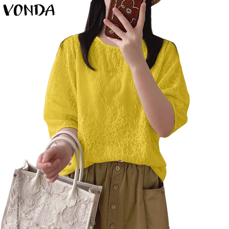 VONDA Women Korean Casual Round Neck Half Sleeve Puff Sleeve Lace ...