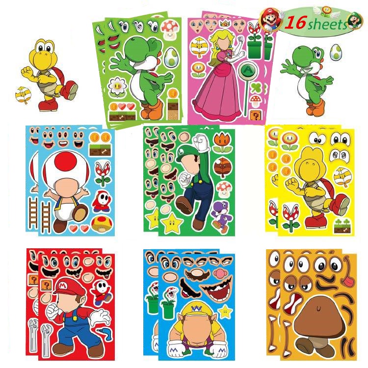 16 Sheets Super Mario Bros Make Your Own Face Puzzle Sticker Anime DIY ...