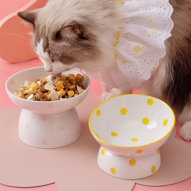 Neck Protection Pet Bowl Hepburn Style Polka Dot Cat Bowl Ceramic High ...