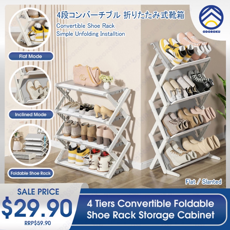 ODOROKU 4 Tiers Convertible Foldable Shoe Rack Storage Cabinet Flat or ...