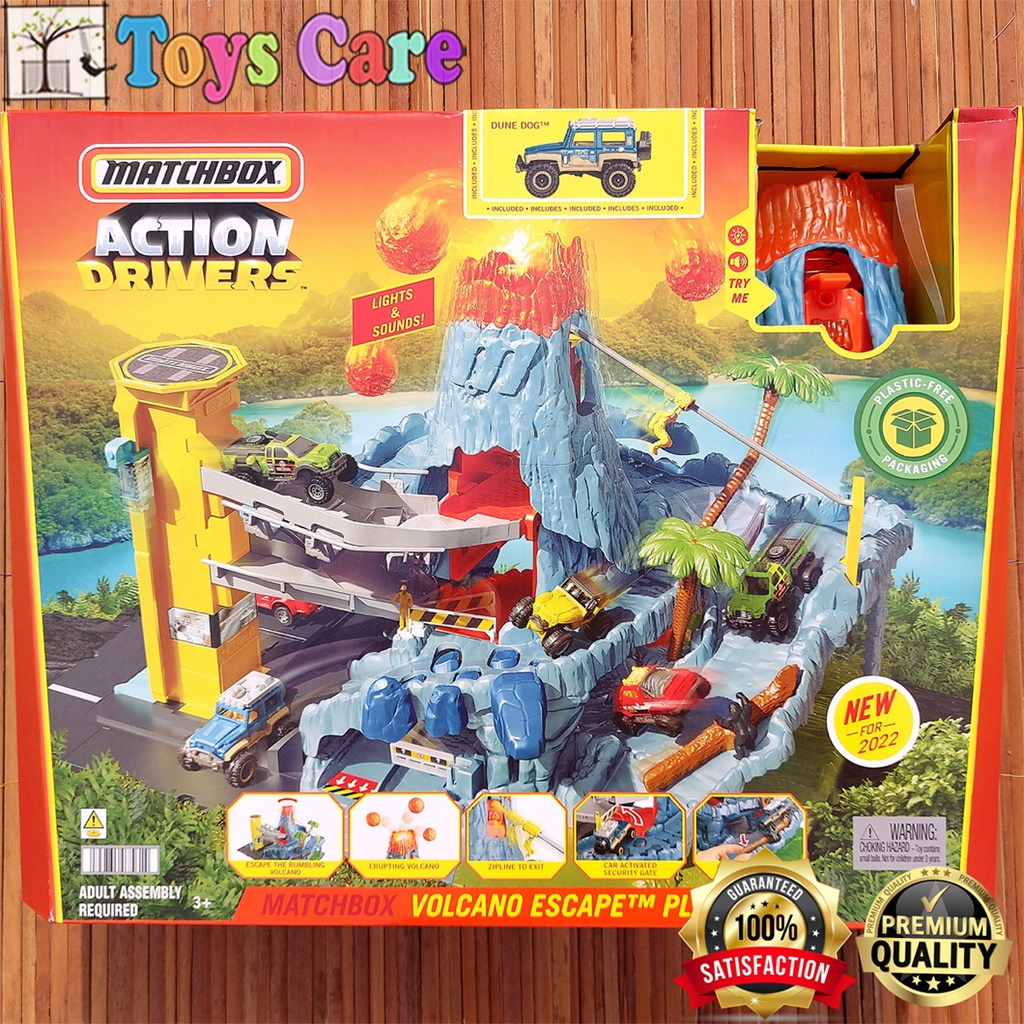 Matchbox ACTION DRIVERS VOLCANO ESCAPE PLAYSET TRACK SET JEEP DUNE DOG ...