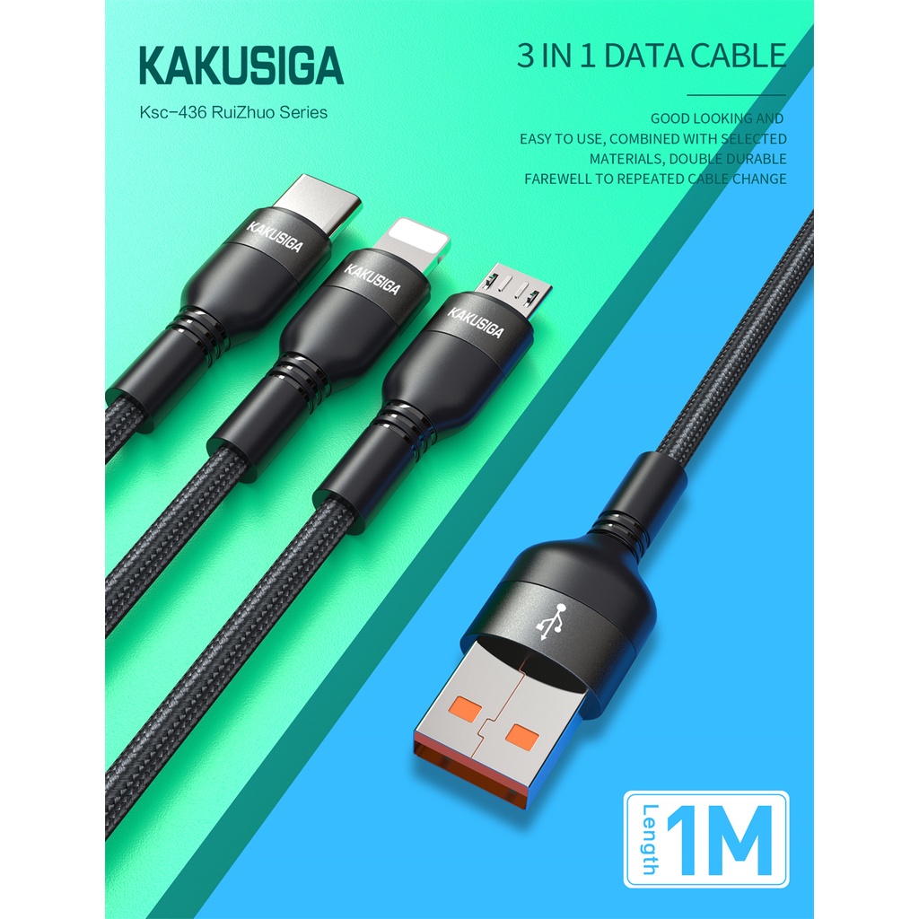 KAKUSIGA 3 in 1 3.2A Fast Charging Cable Type-C Micro-Usb Cable 1 Meter ...