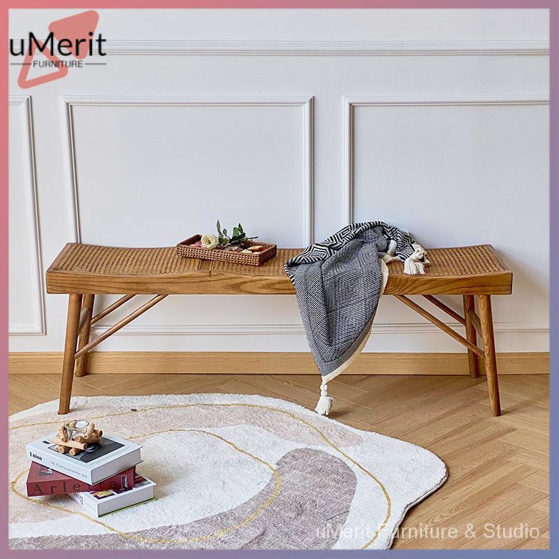 Solid Wood Bed Bed End Stool Bedroom Bedside Stool Rattan Three-Person ...