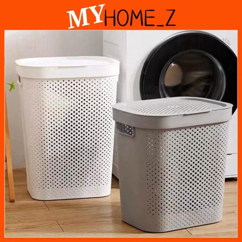 MYHZ_ 45L/60L Laundry Basket Dirty Clothes Basket with Cover Japanese Style Basket Baju Kotor ...
