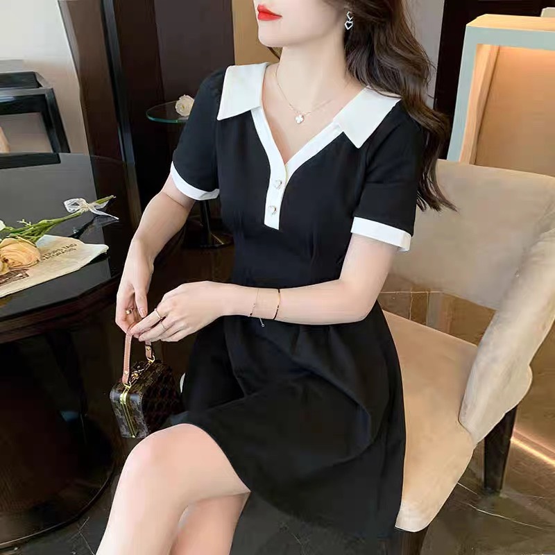 Women's big size stretch dress with short sleeves and flared collar ...