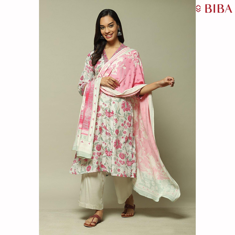 BIBA Ethnic Indian Wear Women's Pink Cotton A-Line 3/4 Sleeve Printed ...