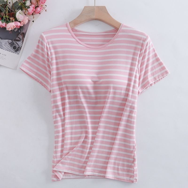2023 new modal women's bra pad striped short sleeve one-piece bra-free ...