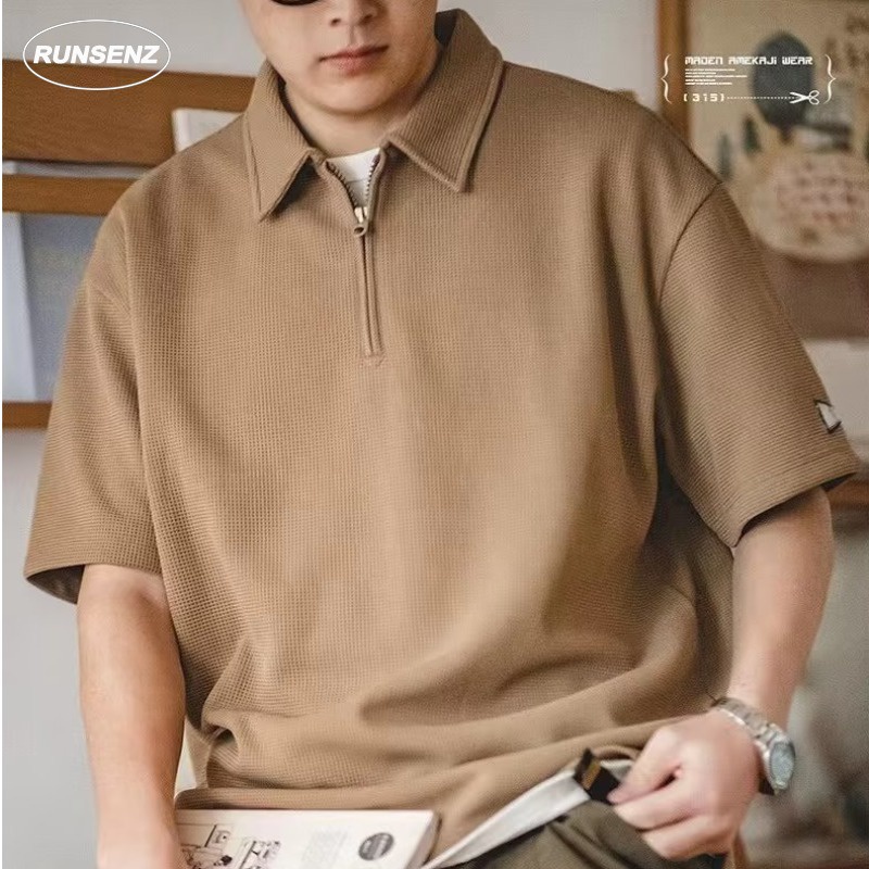 Lazy Style Simple Polo Shirt Men Lapel Zip Short Sleeve Polo TShirt ...