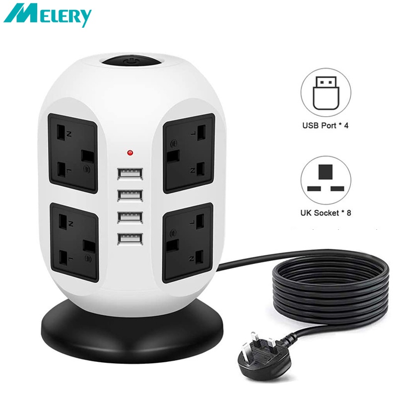Tower Power Strip Vertical UK Plug Adapter Outlets 8 way AC Multi ...