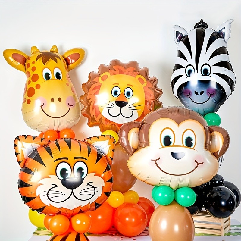 5/6 pcs Jungle Safari Animals Head Foil Balloons Tiger Zebra Giraffe ...