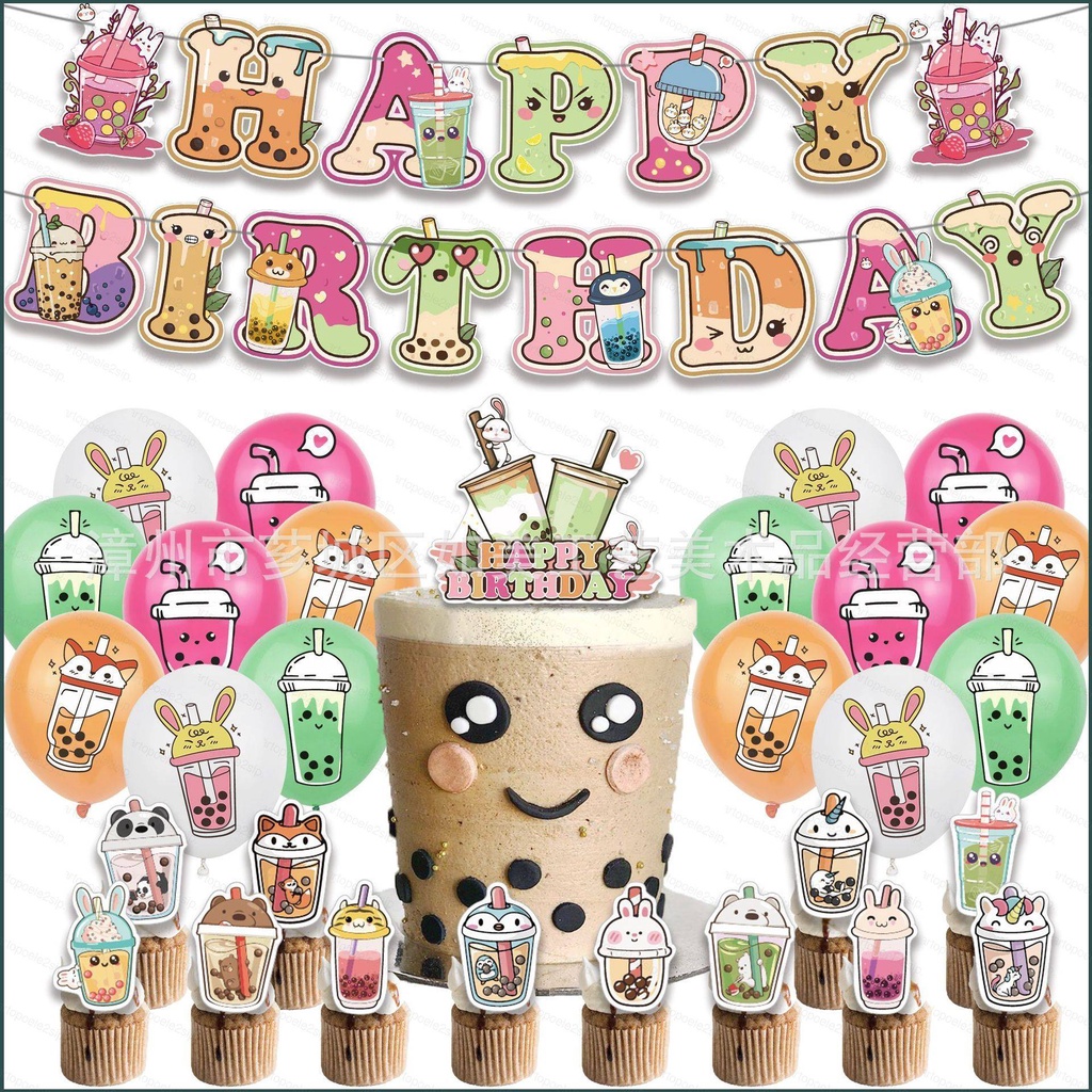 boba tea theme kids birthday party decorations banner cake topper ...