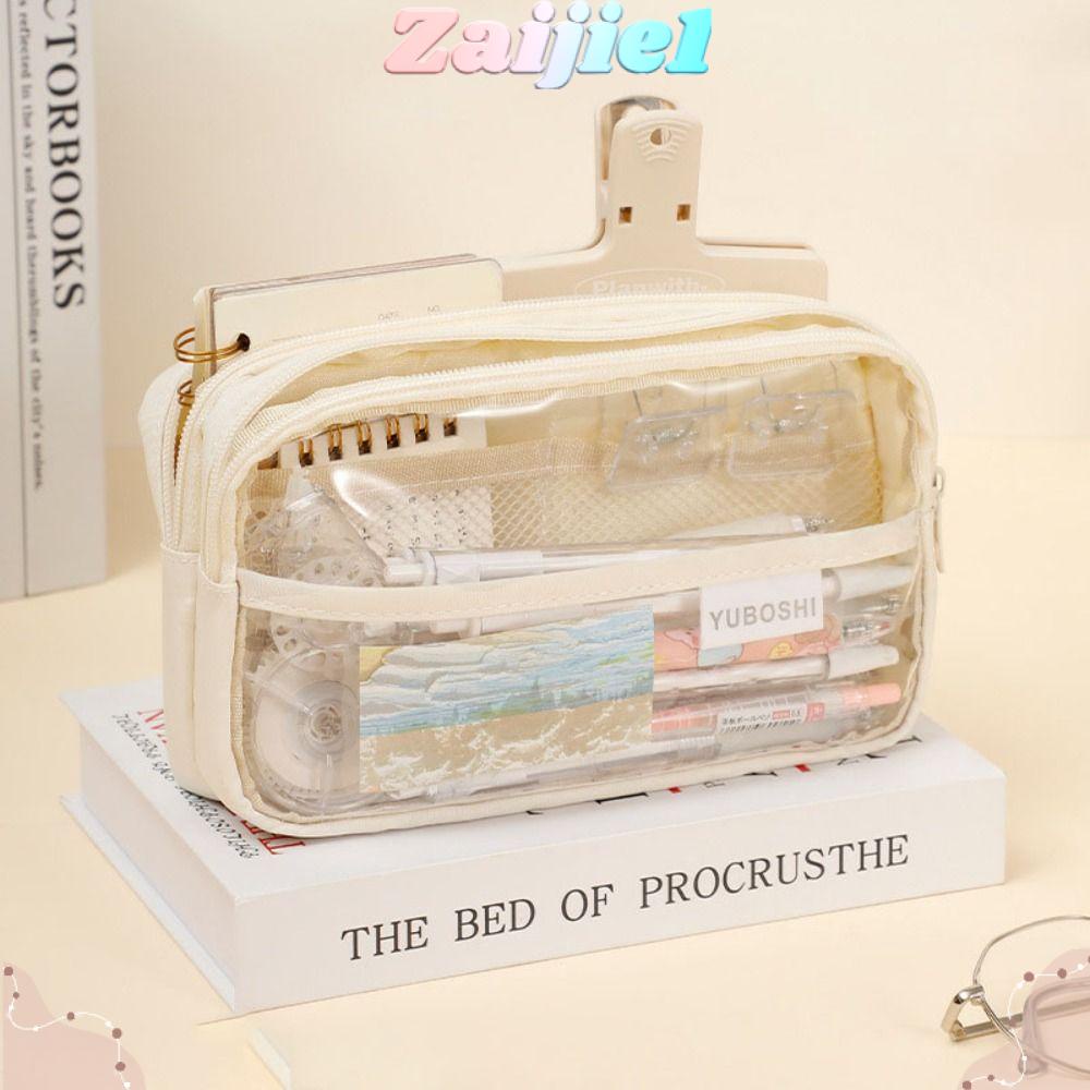 ZAIJIE1 Stationery Pouch, Large Capacity Transparent Pencil Bag, Canvas ...