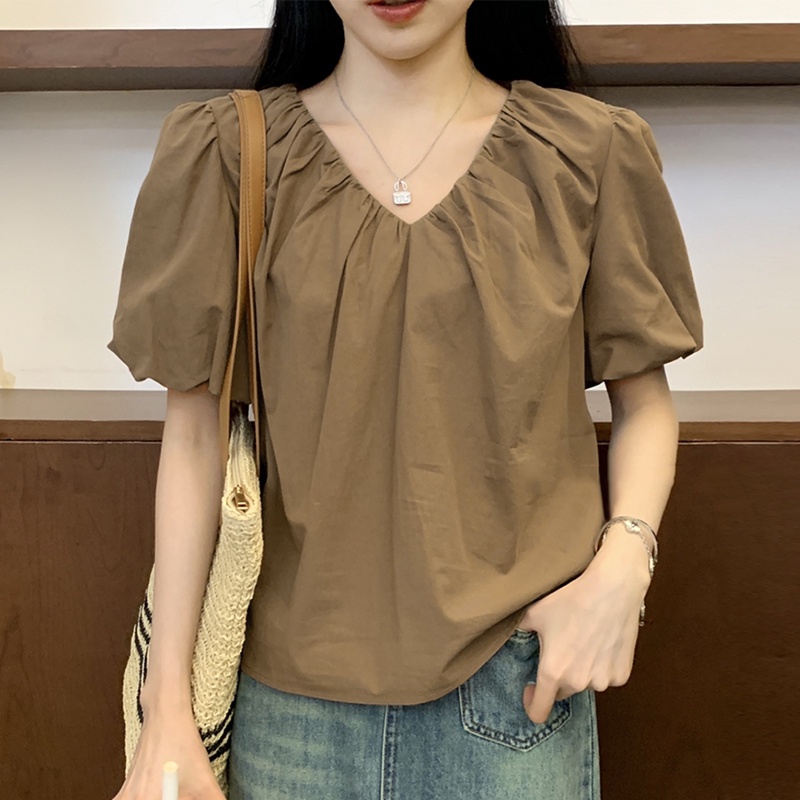VONDA Women KoreanV-Neck Short Bubble Sleeve HmType Loose Solid Color ...