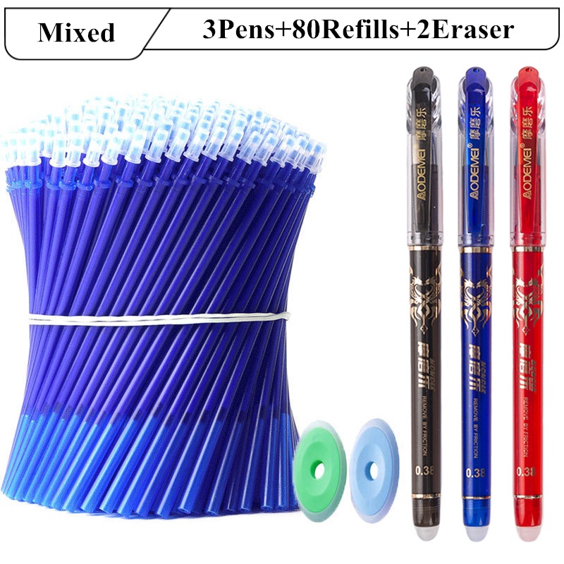3 Pens + 80 Refills + 2 Eraser Set 0.38mm Erasable Gel Pen Blue Black ...