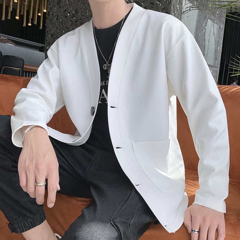 Men's loose fitting casual sports waffle long sleeved suit jacket ...