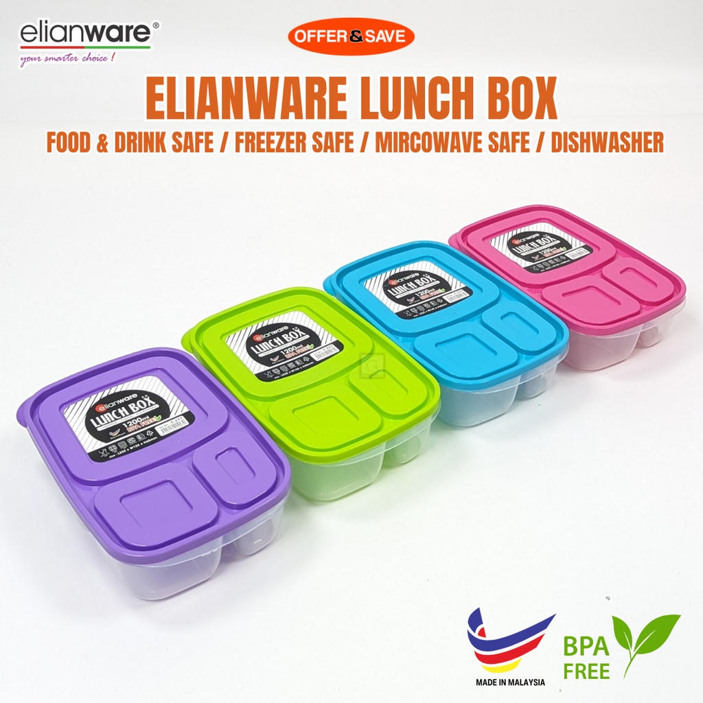 Elianware 3 Compartment Plastic BPA Free Lunch Box | Shopee Singapore