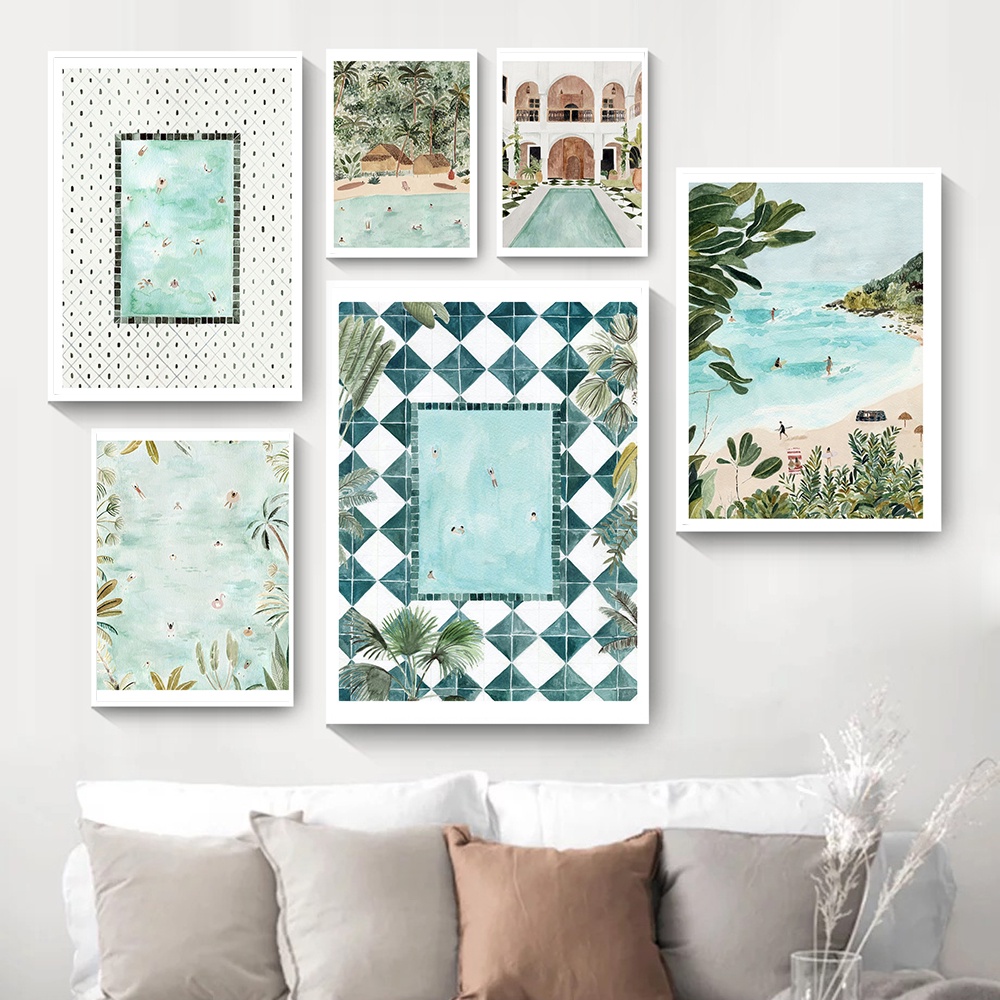 Sunny Beach Pool Moroccan Tropical Swimmers Wall Art Canvas Painting ...