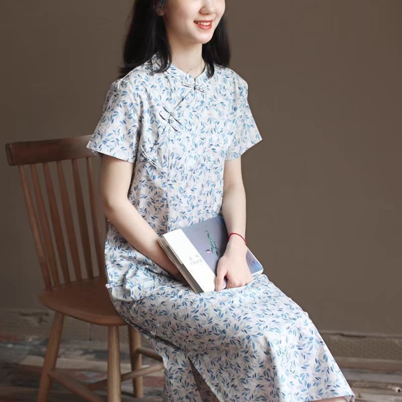 Chinese Style Improved Cheongsam for Women Retro Elegant Cotton Linen ...