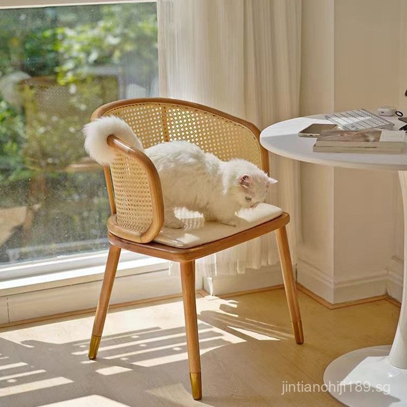 Single Rattan Dining Chair Bedroom Solid Wood Armrest Light Luxury ...