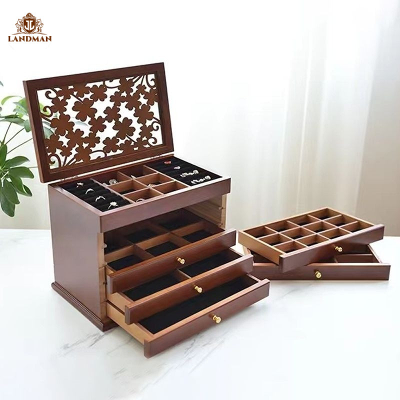 Wooden Jewelry Box Multi-Layer Multi-Grid with Mirror Necklace Earring ...