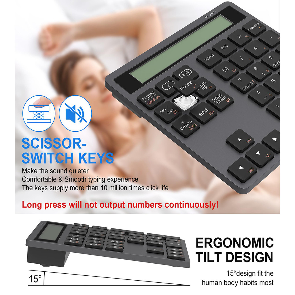 JOMAA Bluetooth 2.4G Wireless Numeric Keyboard with Display Calculator Wireless Number Keypad ...