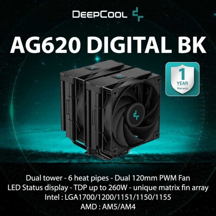 Deepcool AG620 DIGITAL Black Dual-Tower CPU Cooler with A Temperature ...