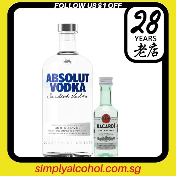 Absolut Original Vodka 70cl w/o Gift Box - Free Bacardi Rum 5cl Plastic ...
