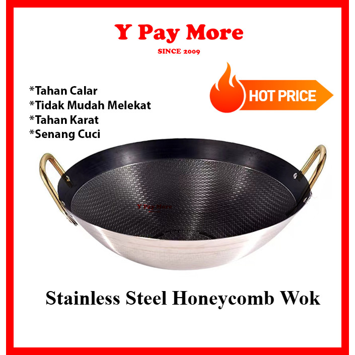 Honeycomb Non-Stick Stainless Steel Round Bottom Wok Frying Pot Kuali ...