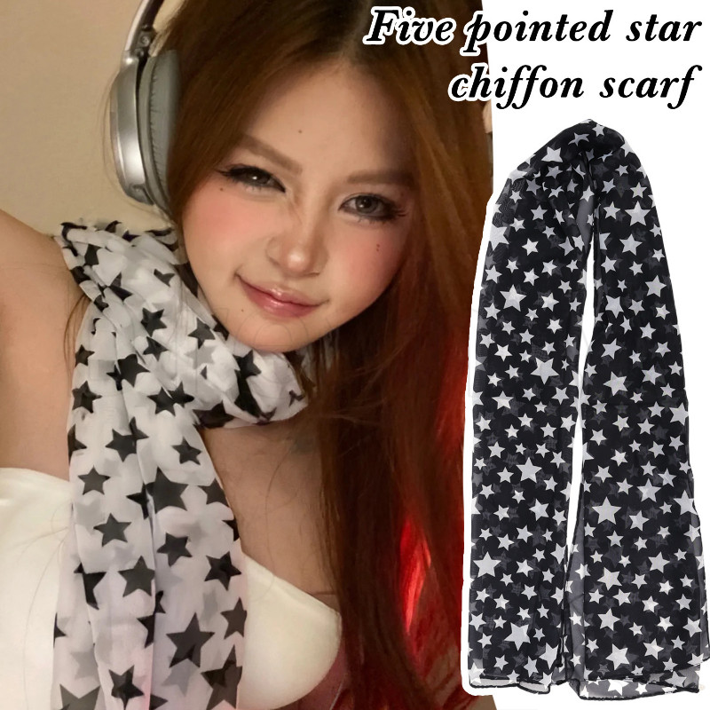 Women Star Print Chiffon Scarf - Retro, Y2K - Elegant Wrap Head Scarves ...