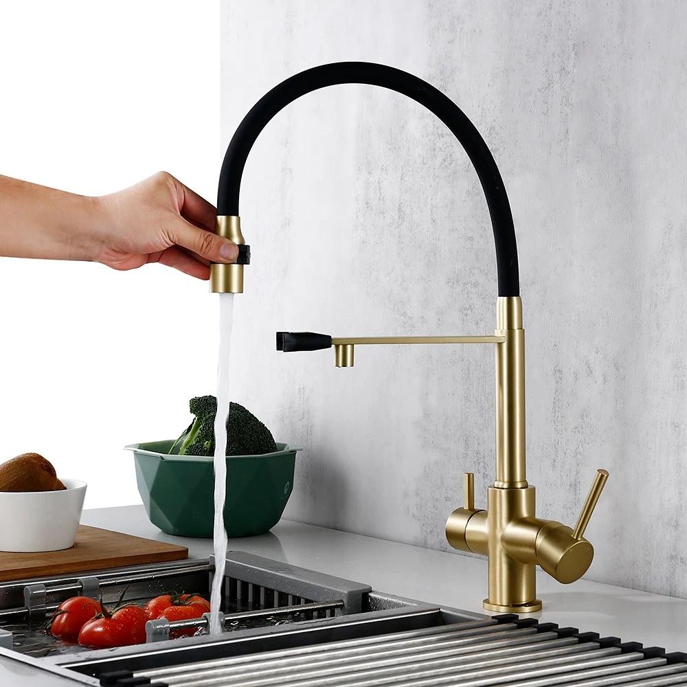 Brushed Gold Kitchen Faucet Brass 3 Ways Sink Mixer Black Hose Mount ...