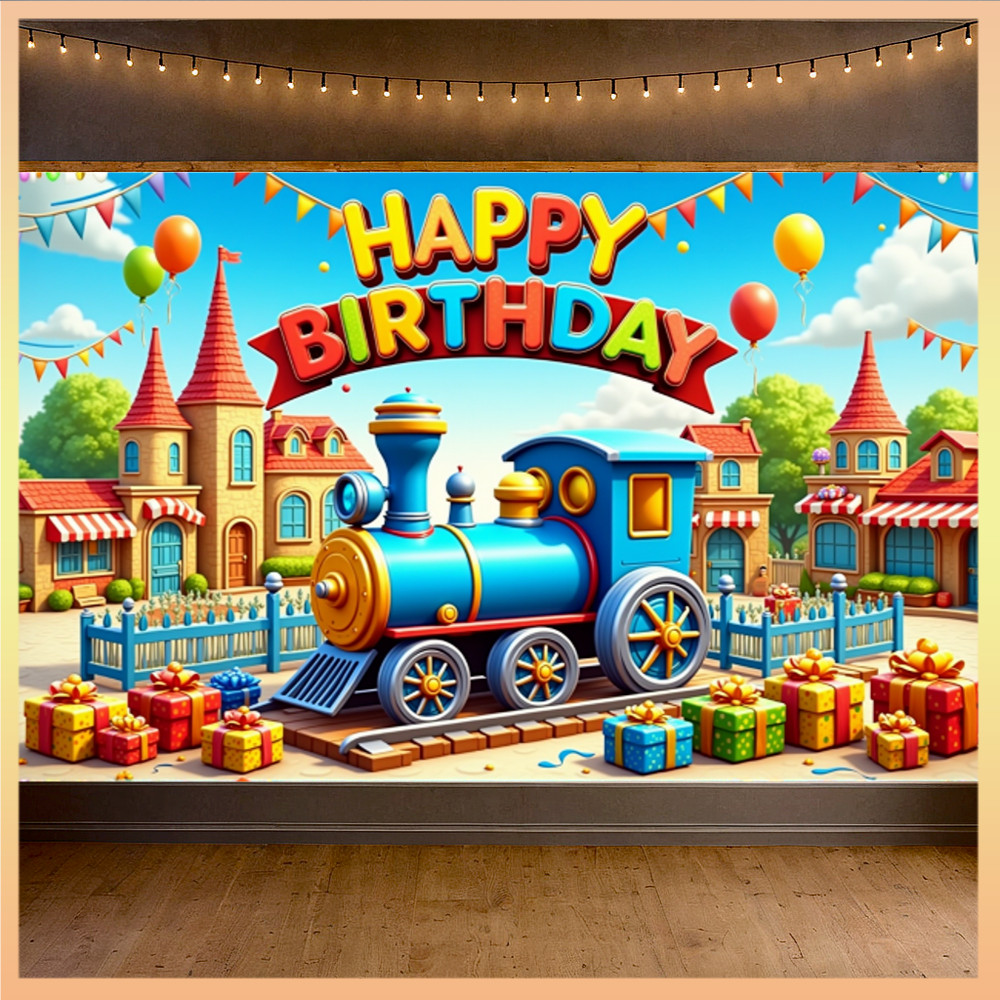 Kids Birthday Party Train Theme Backdrop Happy Birthday Banner ...