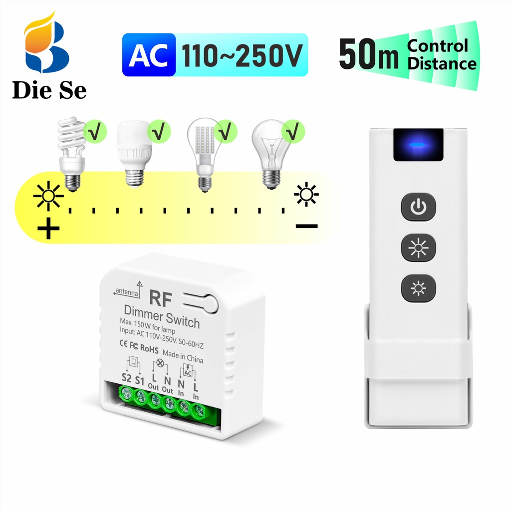 AC Wireless Dimmer Switch with Remote Control, 10W-150W Compatible for ...