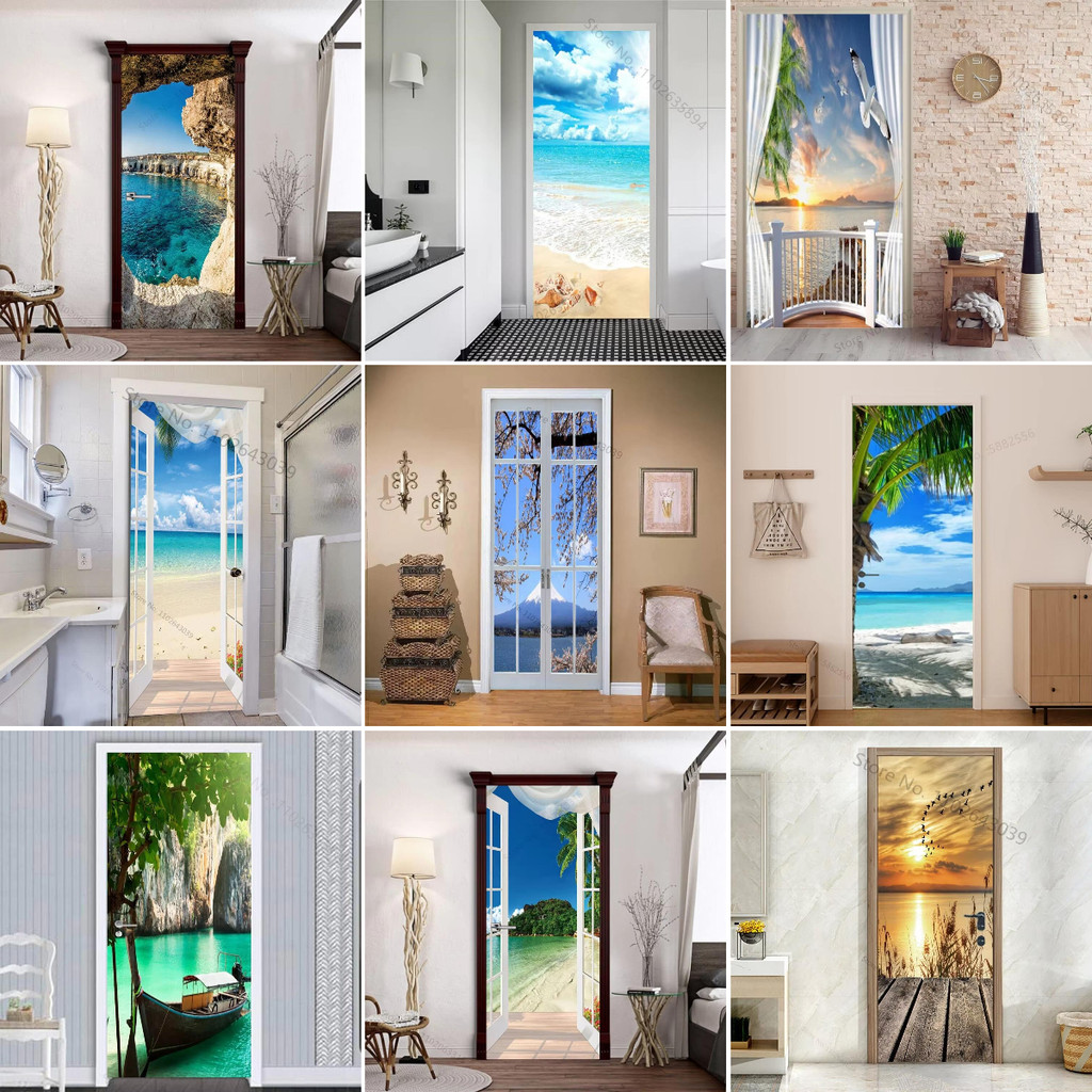 Seaside Beach Style Door Stickers Detachable Wallpaper Living Room ...