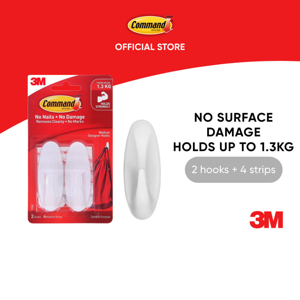 3M™ Command™ Medium Designer Hooks, 17081ANZ, No Surface Damage, Holds ...