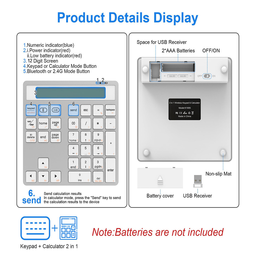 JOMAA Bluetooth 2.4G Wireless Numeric Keyboard with Display Calculator Wireless Number Keypad ...