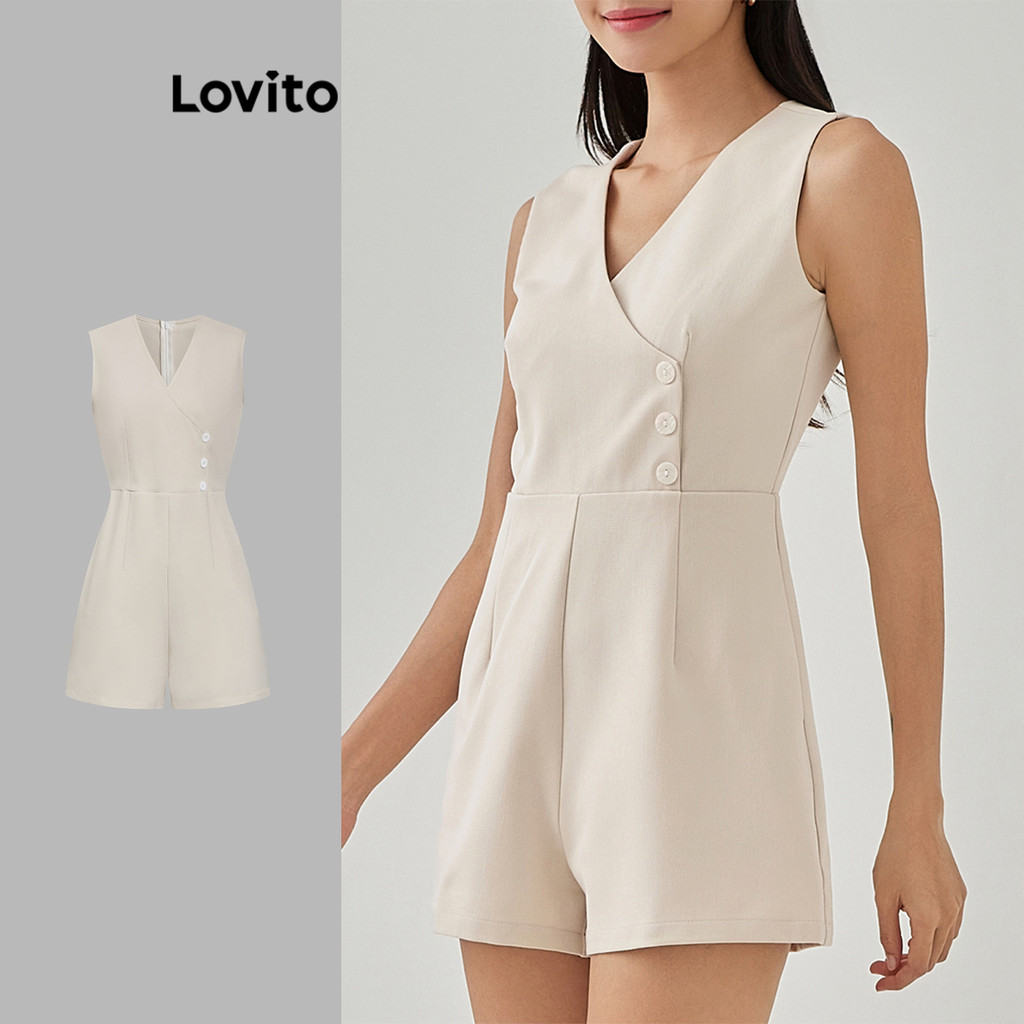 Lovito Elegant Plain Button Jumpsuit for Women L112ED708 | Shopee Singapore