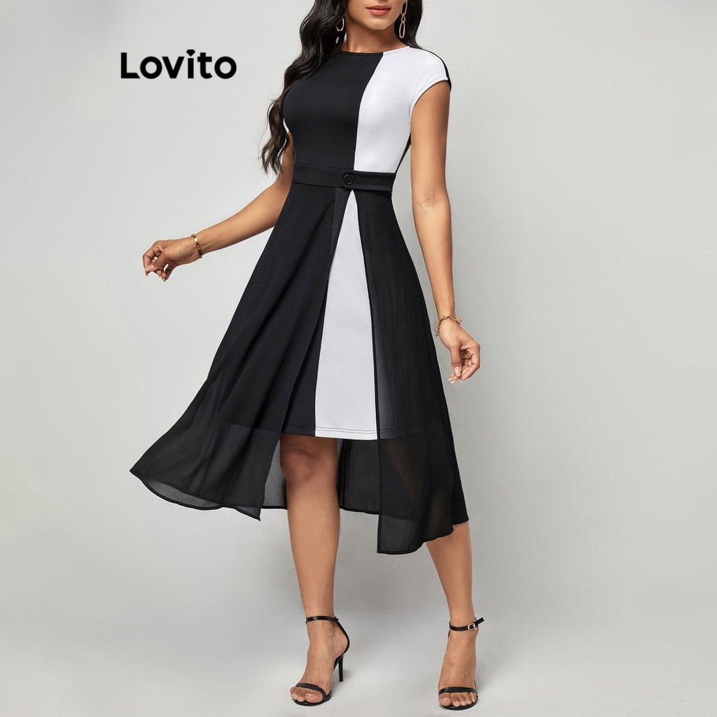 Lovito Elegant Plain Colorblock Contrast Mesh Dress for Women LNL72088 ...