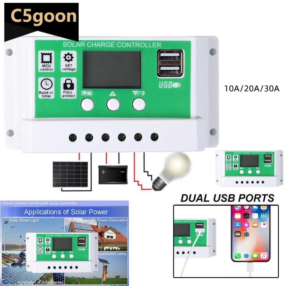 C5GOON 10A/20A/30A 12V 24V Solar Charge Controller Lithium Battery LCD Display PWM r Dual USB ...