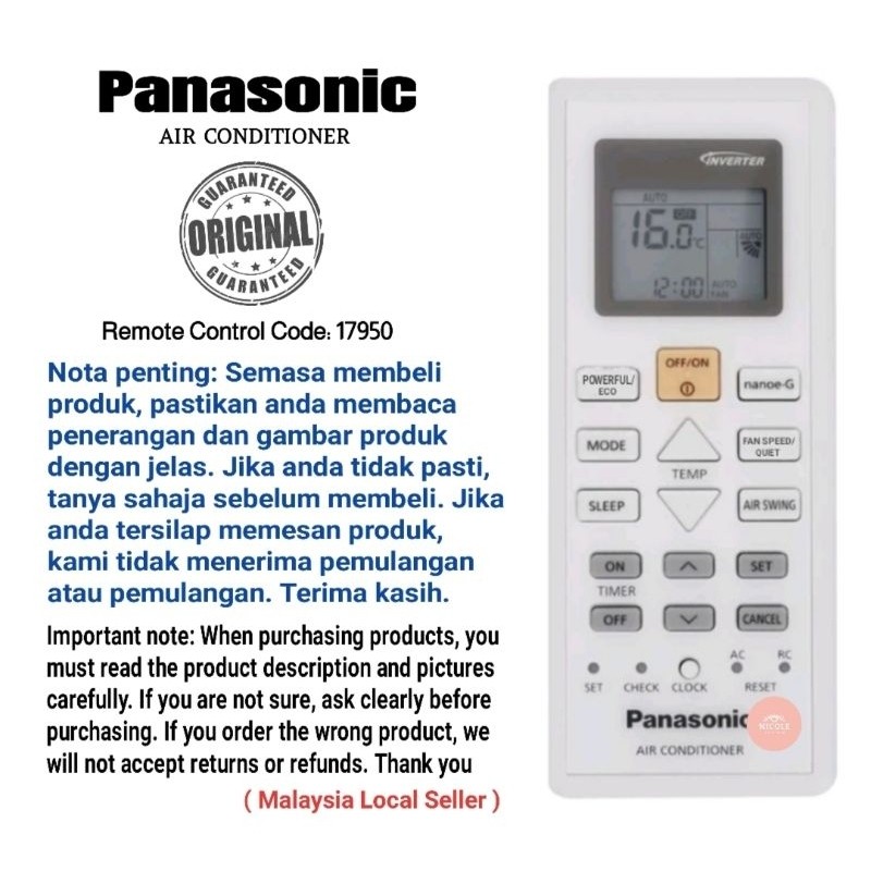 Original Panasonic inverter air conditioner Remote Control 17950 ...