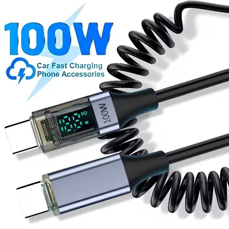 100W Digital Display Dual Type-C Spring Data Cable - 1.8M Fast Charging ...