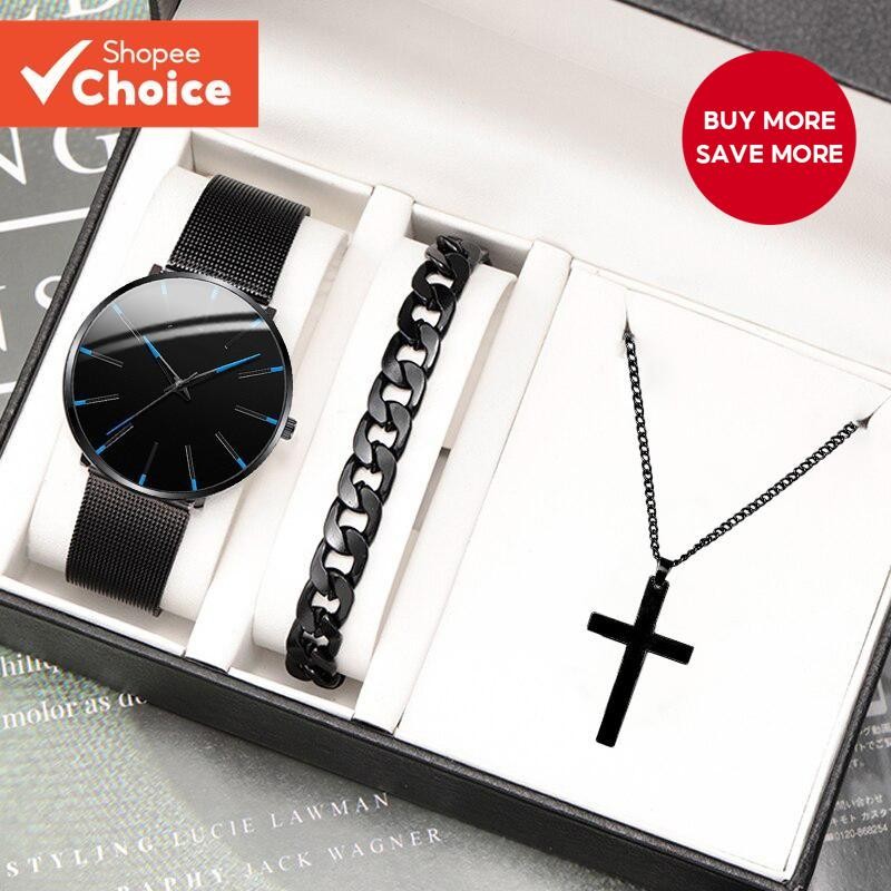 3PCS Men's Watch Set New Men's Hip Hop Style Fashion Set Watch Bracelet ...