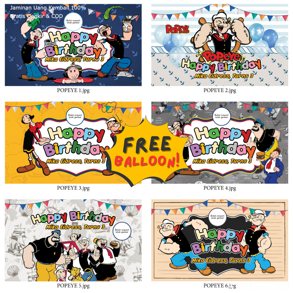 Popeye - Print Banner Birthday / Hari Jadi Harga Kilang Saiz 5x3 Kaki ...