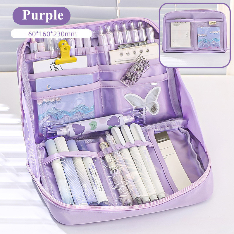 Multilayer 90° Open Pencil Case - Large Capacity Purple Cloth Pen Bag ...