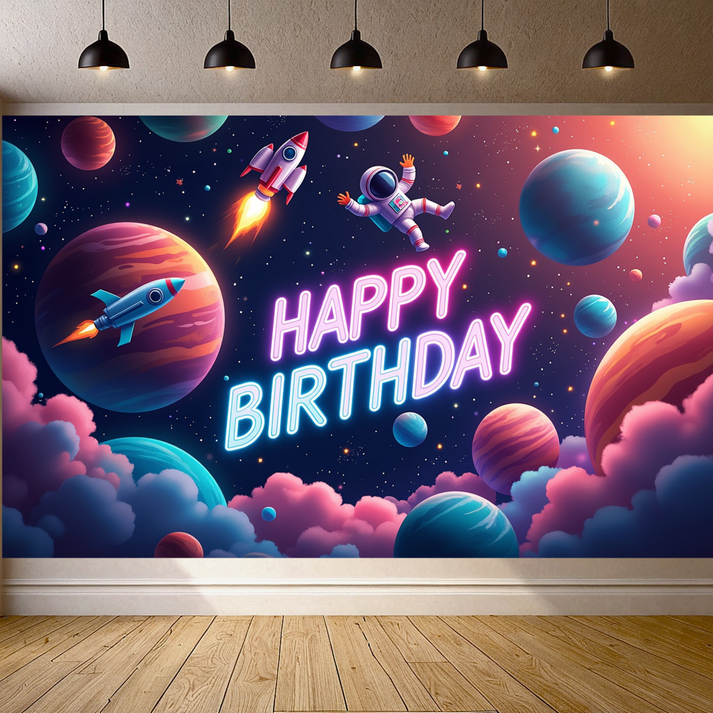 Space Themed Birthday Backdrop Celebration Banner Kids Party Decoration ...