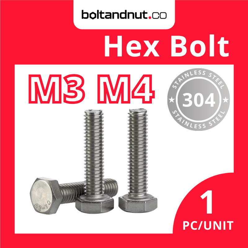 M3 M4 Hex Bolt DIN933 | SUS 304 Stainless Steel Grade A2-70 | Full ...