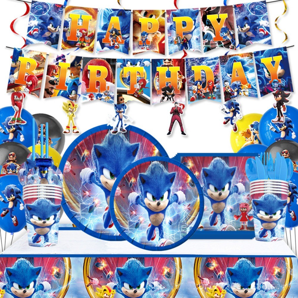 Sonic Games Theme Banner Hanging Tablecloth Paper Plate Paper Cup Latex ...