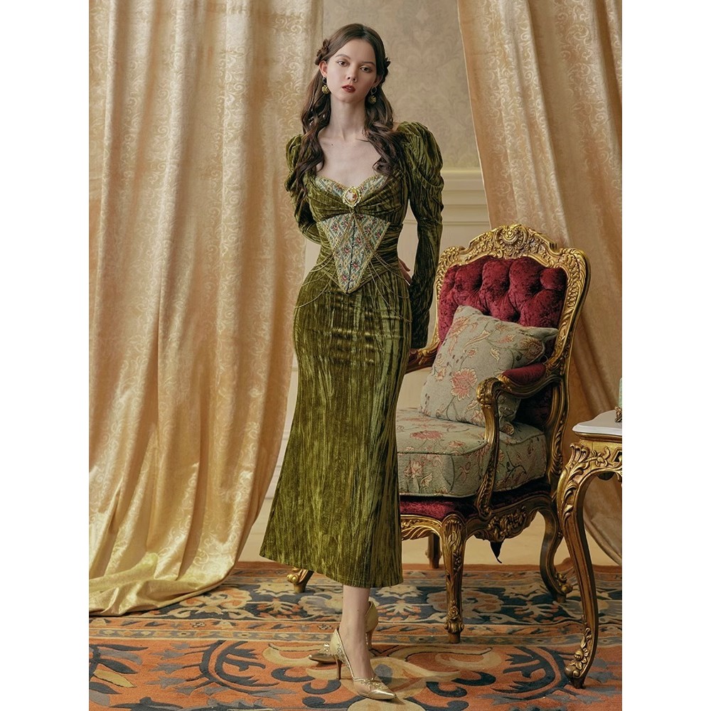 French Palace Retro Green Velvet Fishbone Dress Fishbone Girdle Mature Lady Skirt | Shopee Singapore