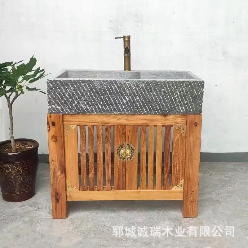 M-6/Stone Wash Basin Old Stone Trough Solid Wood Hand Washing Cabinet ...